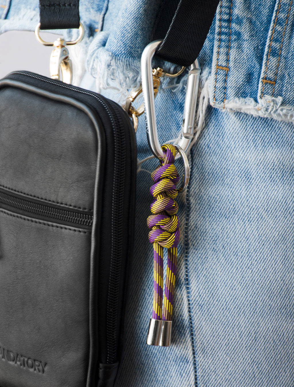 Hang In There Keychain – Purple/Yellow Knotted Cord & Carabiner – Mandatory
